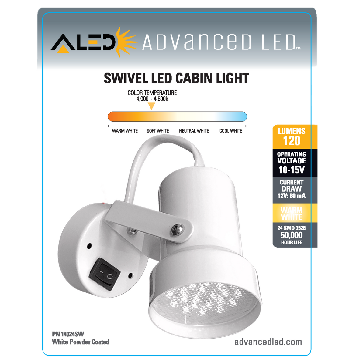 ADVANCED LED White Powder-Coated LED Swivel/Bulkhead Cabin Light ...